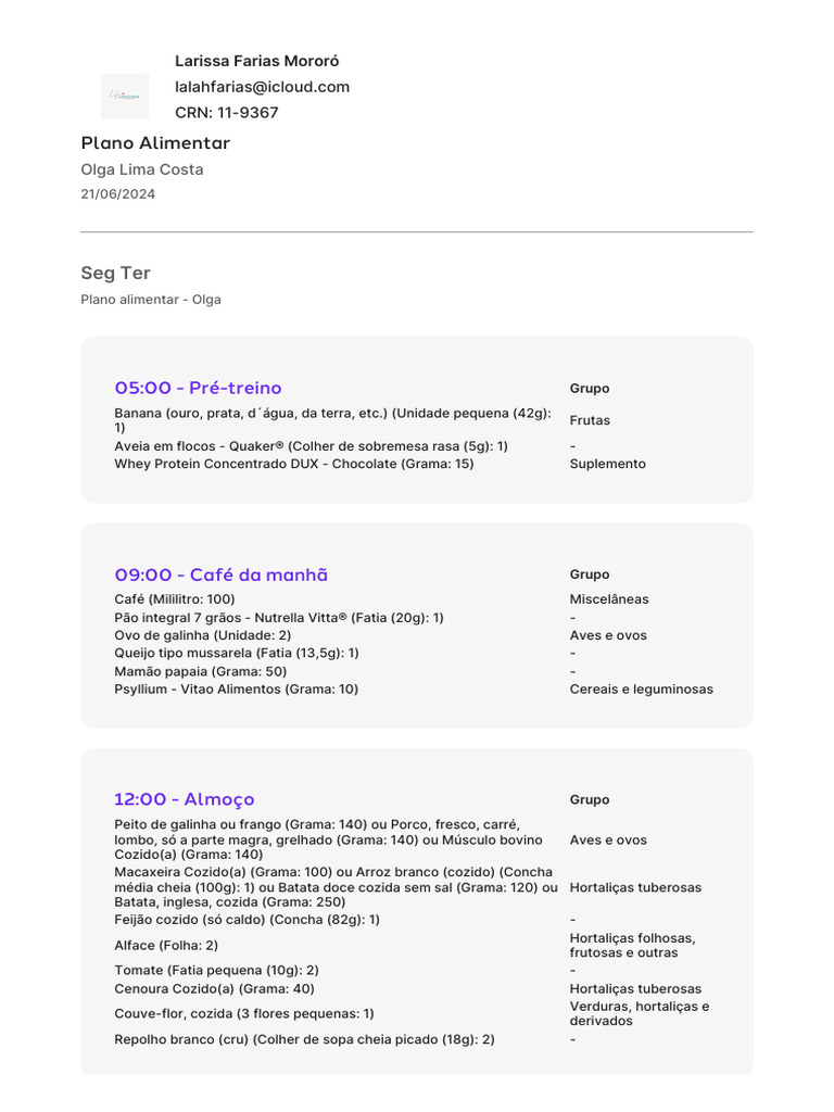 Plano Alimentar - Olga | PDF | Legumes | Batata