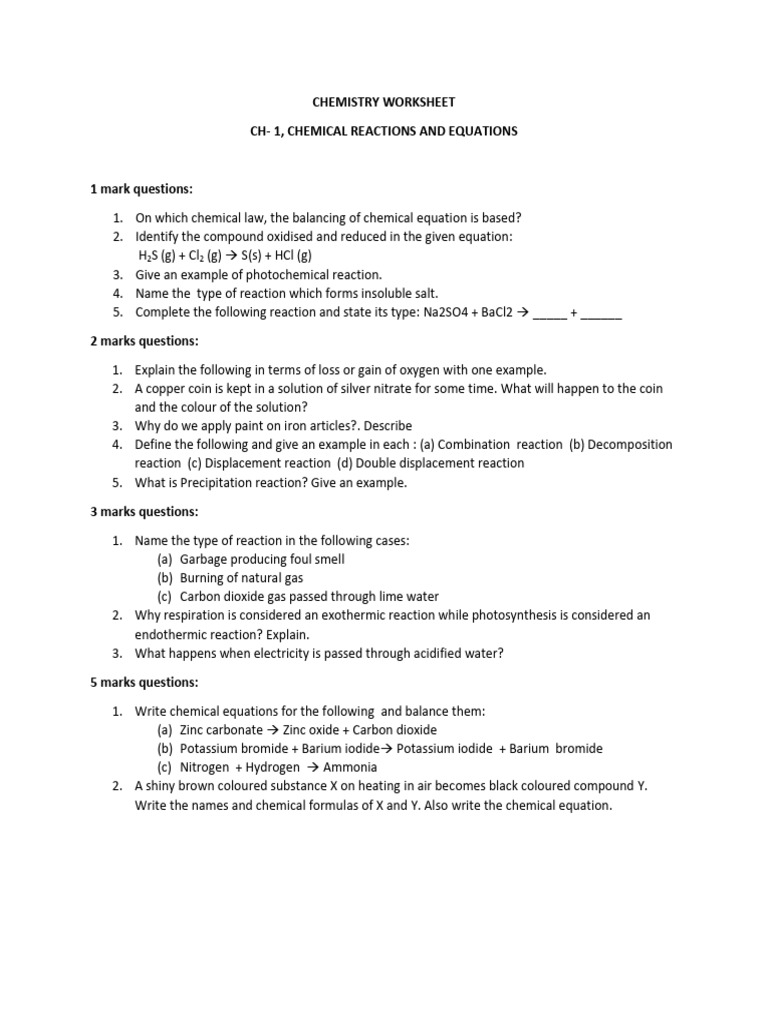 10th, Chemistry Worksheet, ch1,2 | PDF | Chemical Reactions | Oxide