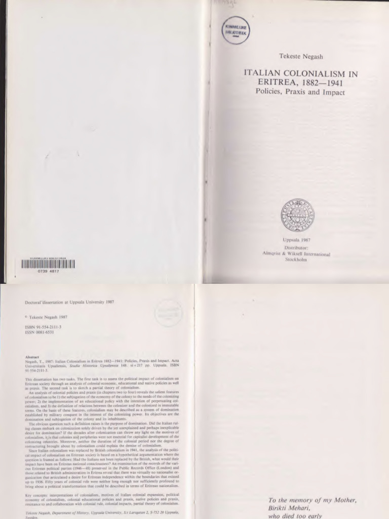 Tekeste Negash - Italian Colonialism in Eritrea, 1882-1941 - Policies ...