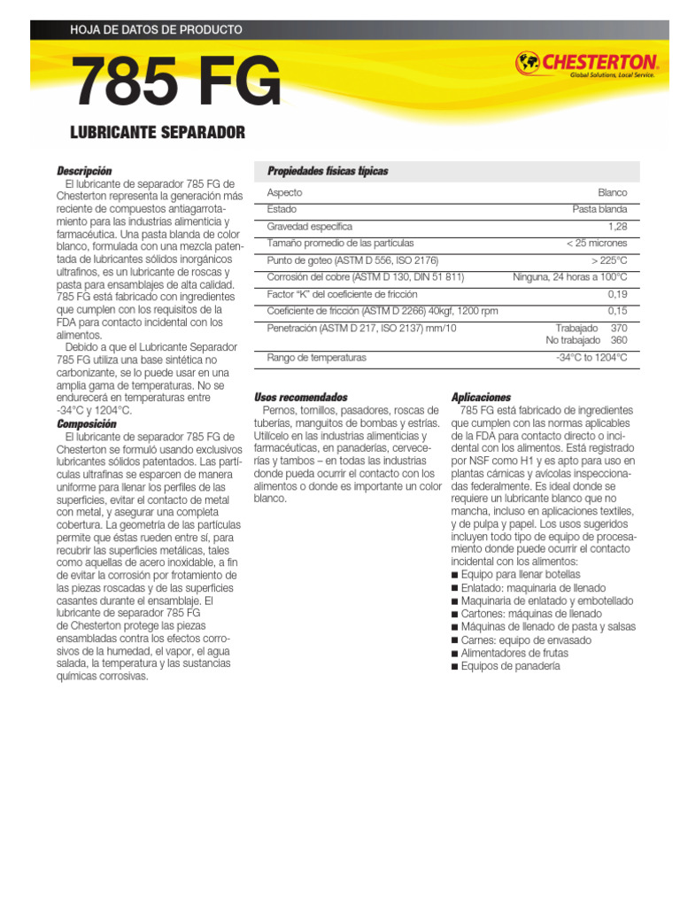 Lubricante Separador Chesterton 785 FG | PDF | Lubricante | Materiales