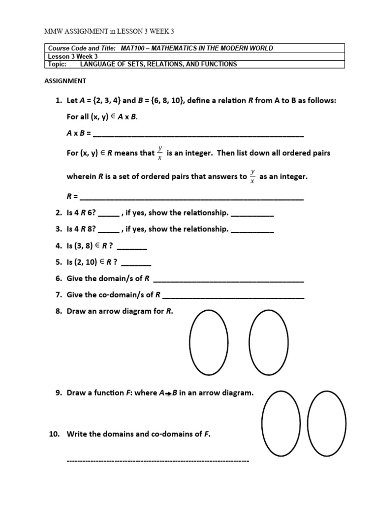 MMW Assignment in L3 W3 Language of Sets Relations and Functions | PDF ...