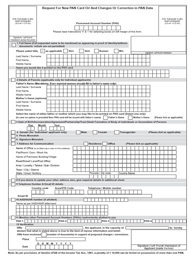 PAN Card Application and Correction Form | PDF | Access Control ...