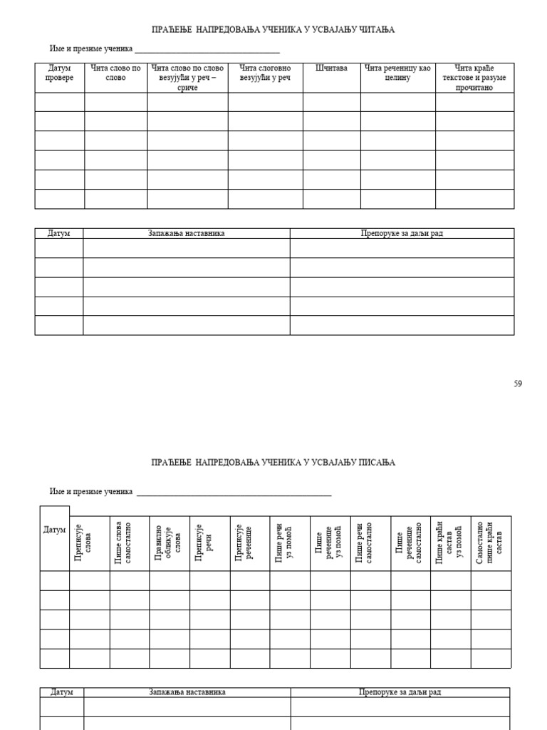Liste Za Praćenje Postignuca Ucenika SRPSKI | PDF