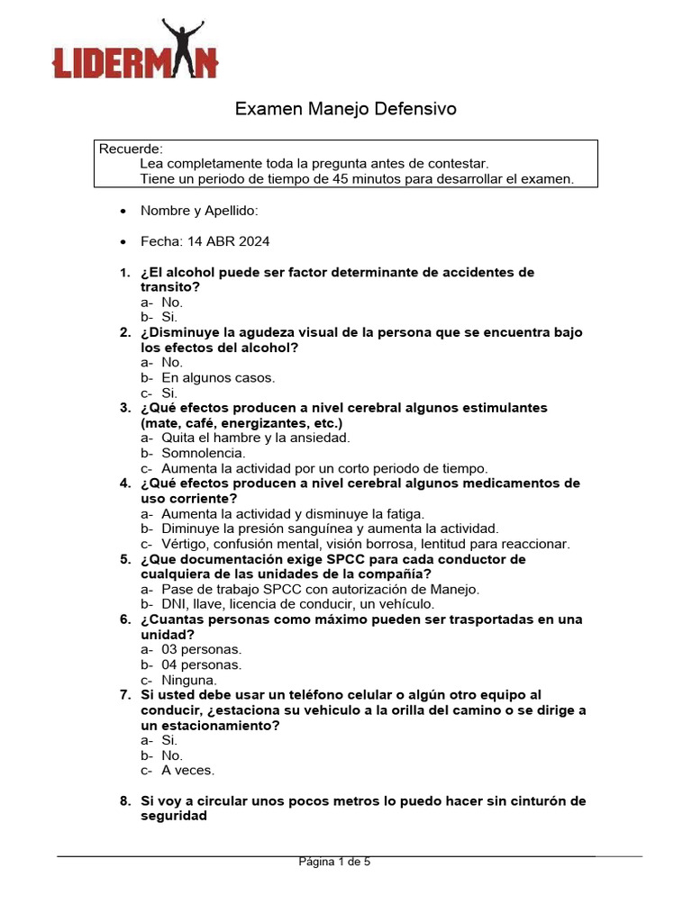 Modelo de Examen de Manejo | PDF