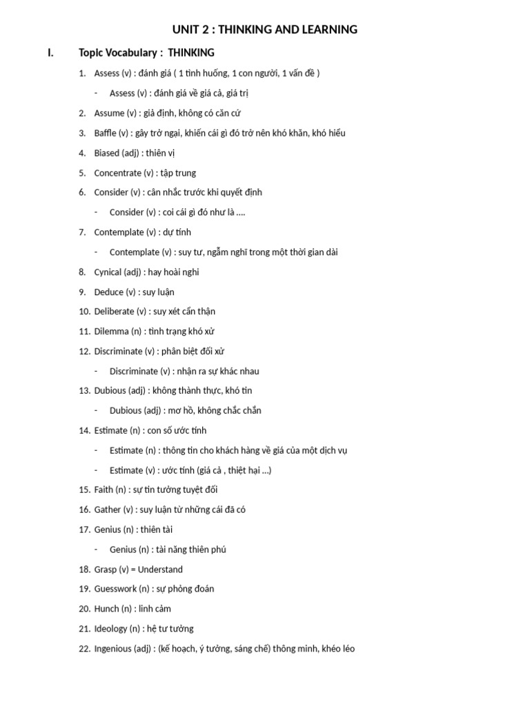 Unit 2: Thinking and Learning: I. Topic Vocabulary: THINKING | PDF
