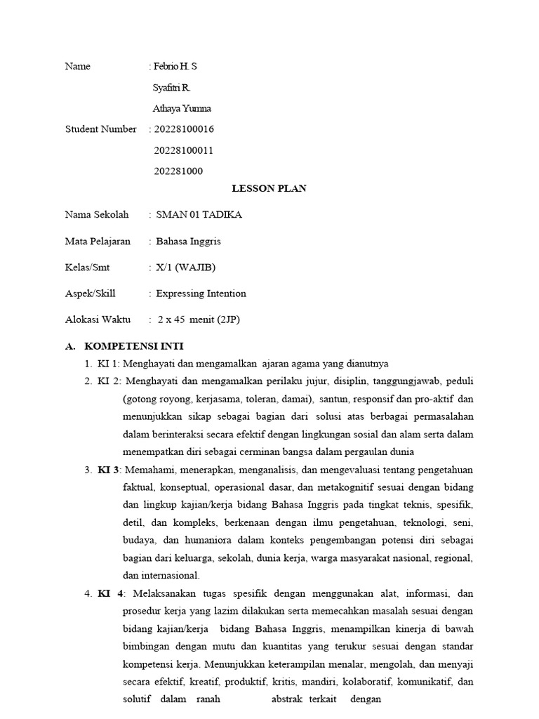 Lesson Plan SMA K13 KD 3 3 Dan 4 4 | PDF
