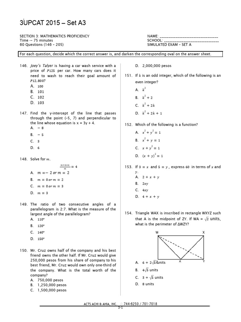 (A-3) Upcat 2015 - Simulated Exam - Set A - Section 3 - Mathematics ...