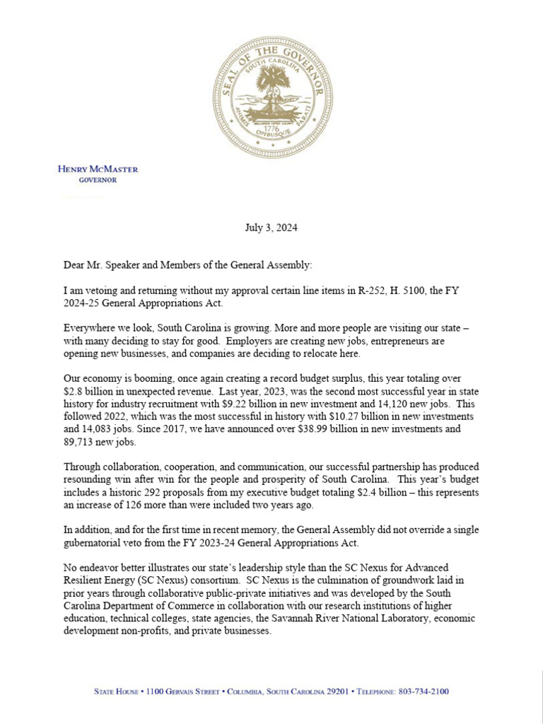 7-3-24 Gov McMaster to Gen Assembly Veto Message R252 H5100 FY 24-25 ...
