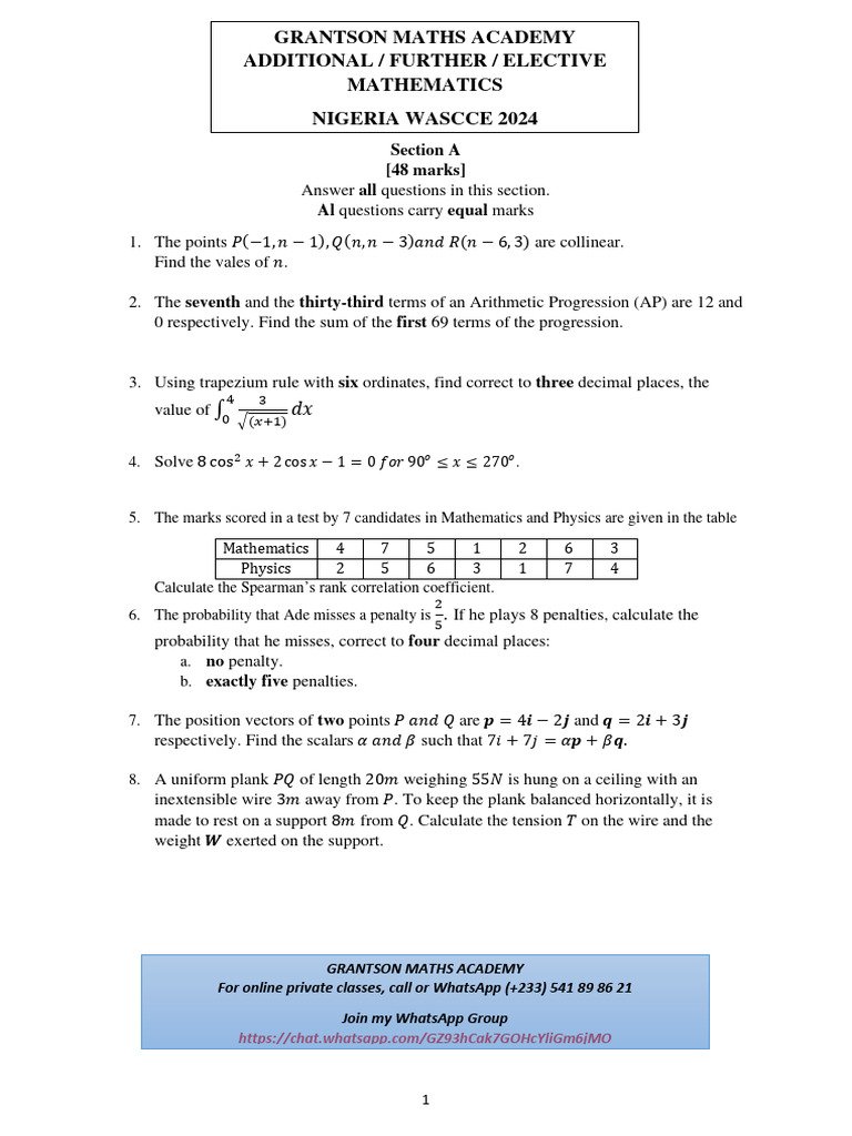 2024 WASSCE Nigeria Emaths PDF | PDF | Acceleration | Force
