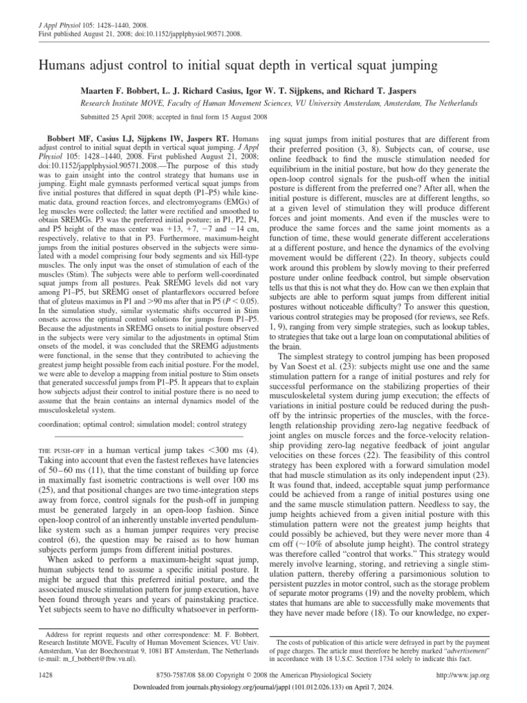 Bobbert Et Al 2008 Humans Adjust Control To Initial Squat Depth in ...