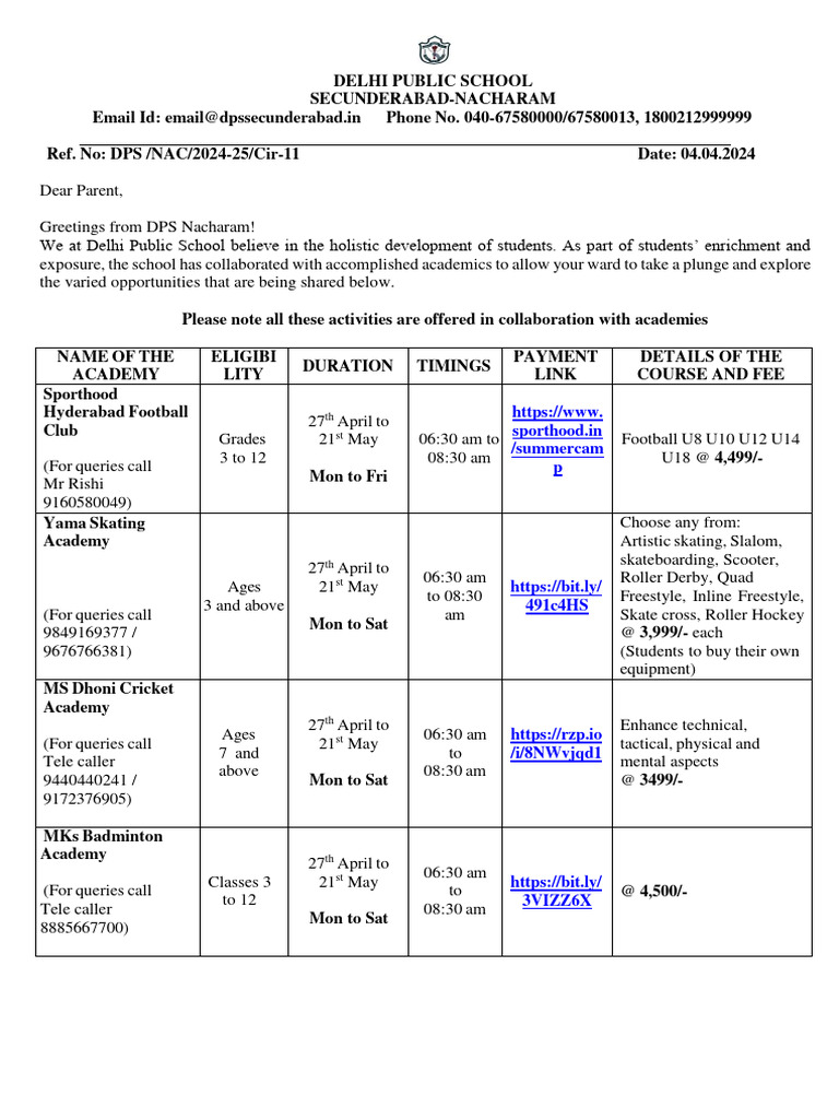 DPS Nacharam Summer Camp Details 2024-25 | PDF | Summer Sports | Sports