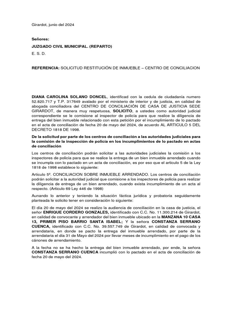 Solicitud Restitución de Inmueble | PDF | Justicia | Crimen y violencia