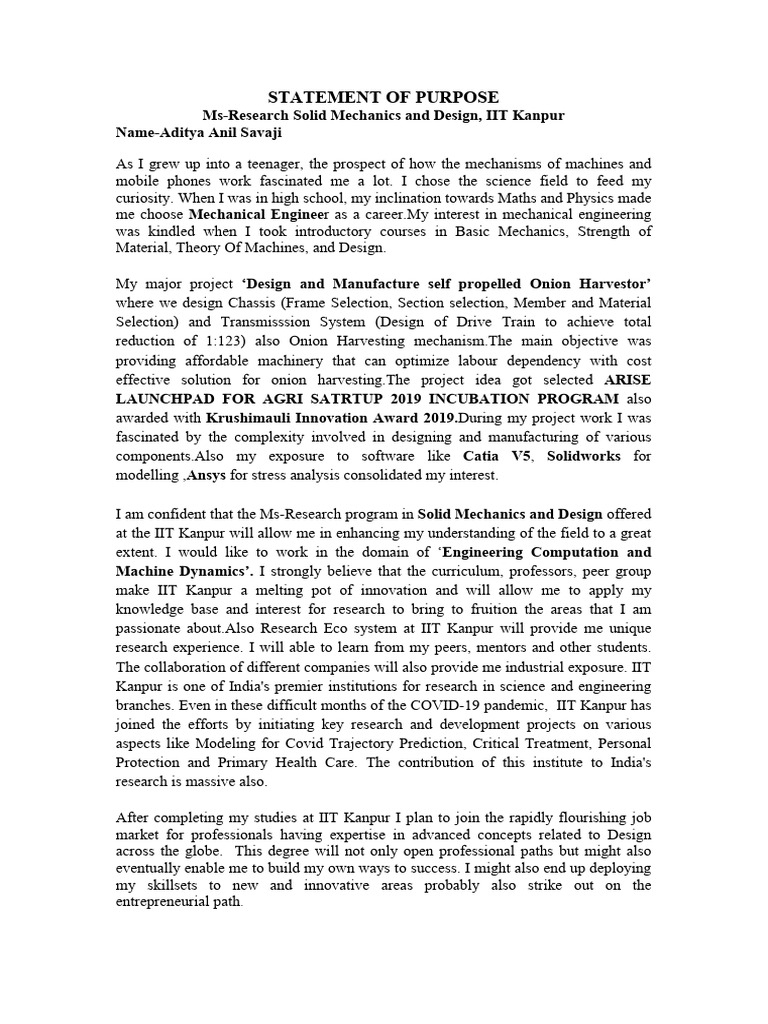 STATEMENT OF PURPOSE MS DESIGN | PDF | Machines | Mechanical Engineering