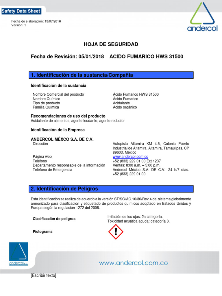 Hoja de seguridad_V1_REV2 ESP AC FUM 31500 | PDF | Agua | Residuos