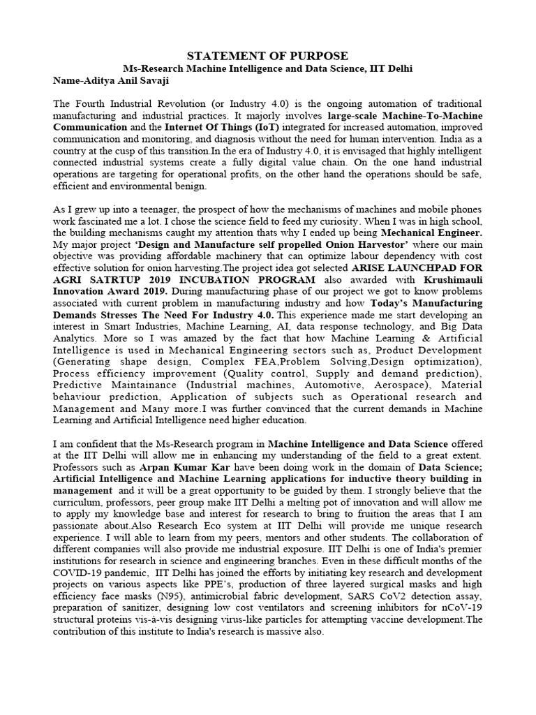 SOP MS Machine Intelligence and Data Sceince | PDF | Engineering | Cognition