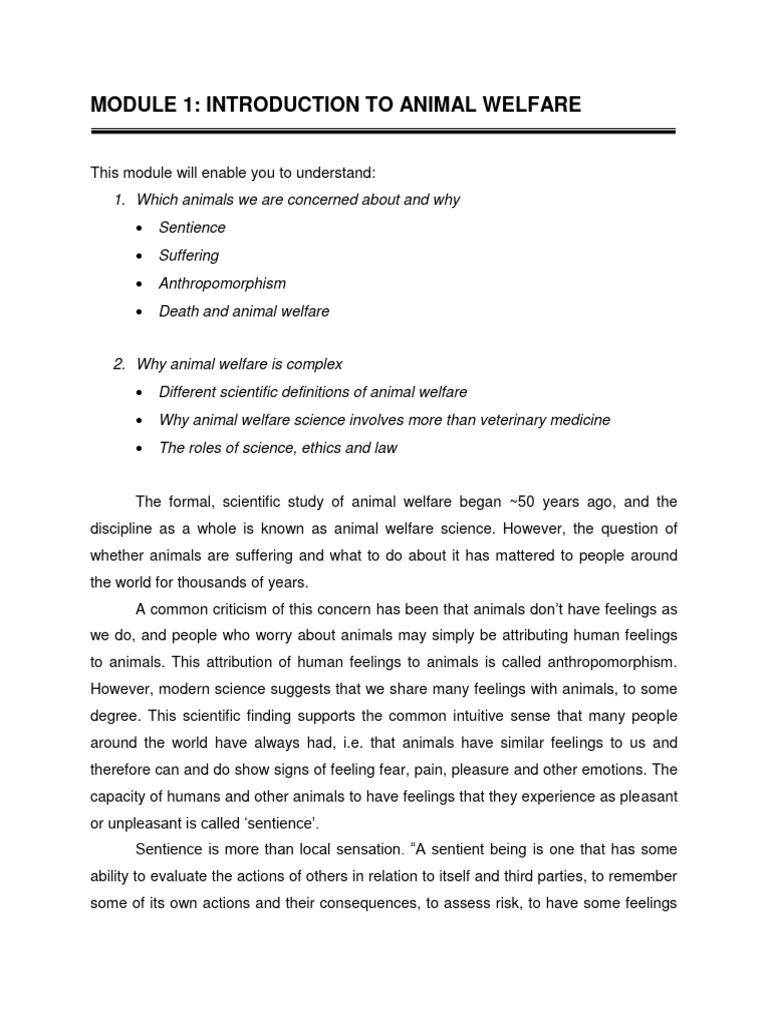 MODULE 1 INTRODUCTION TO ANIMAL WELFARE | PDF | Animal Welfare | Feeling