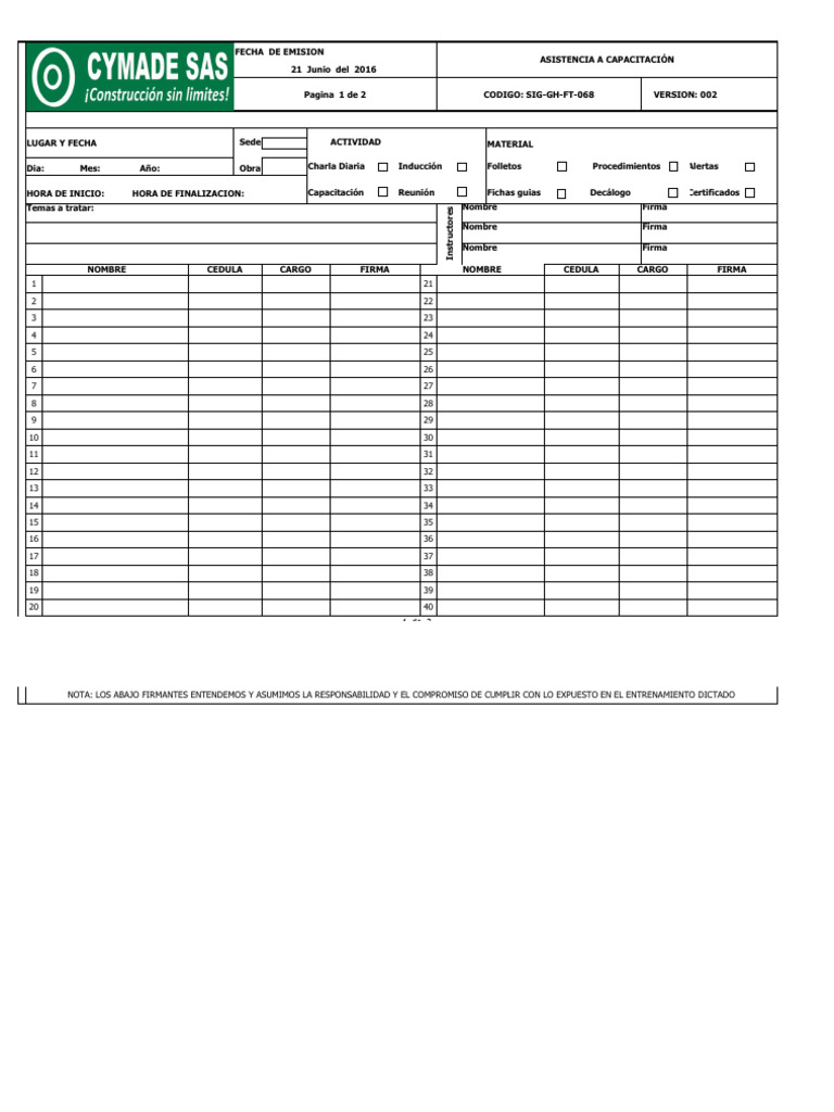 SIG GH FT 068 Asistencia en Blanco | PDF