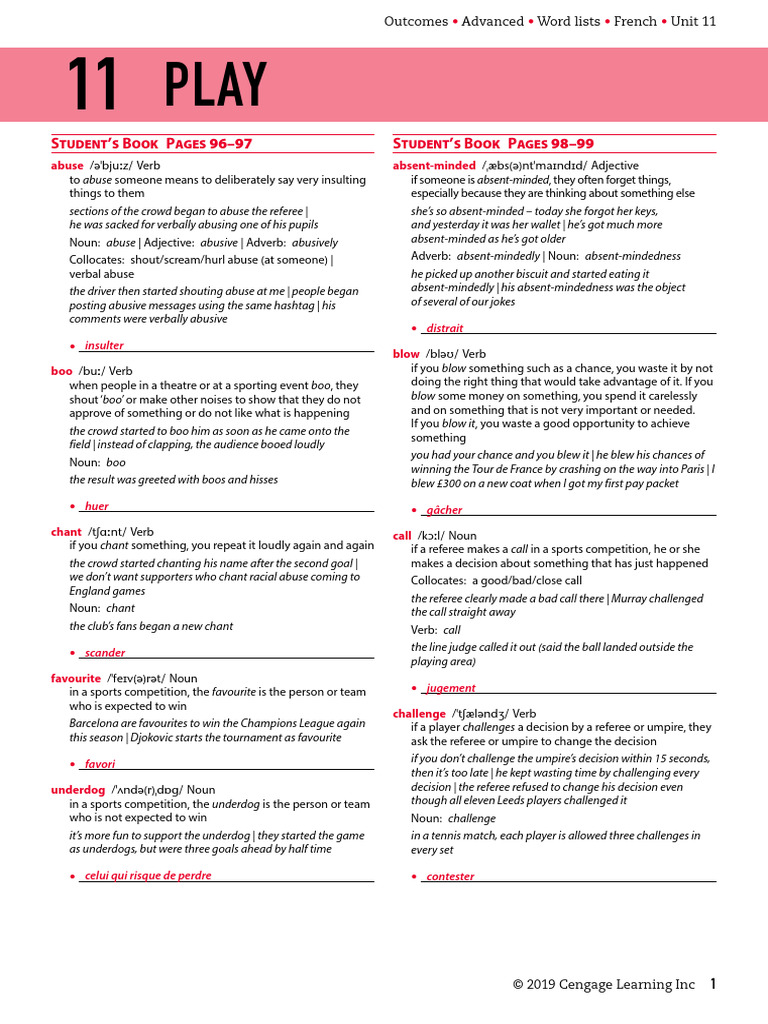 Outcomes Advanced Word Lists French U11 | PDF | Adjective | Adverb