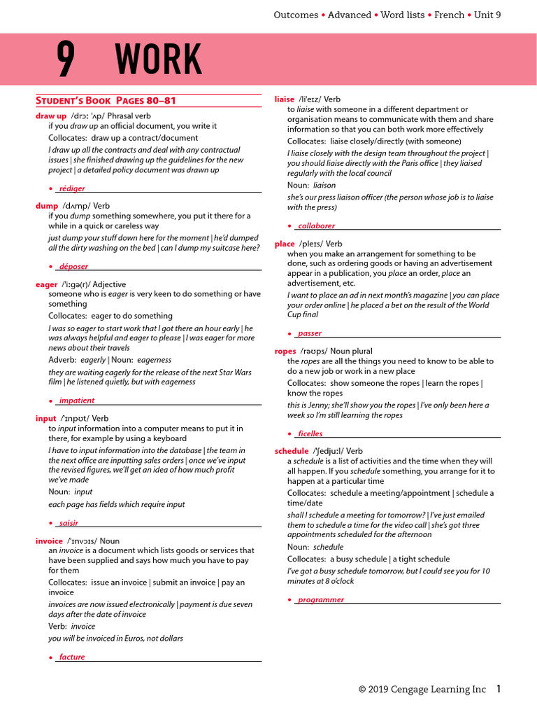 Outcomes Advanced Word Lists French U9 | PDF | Adjective | Adverb
