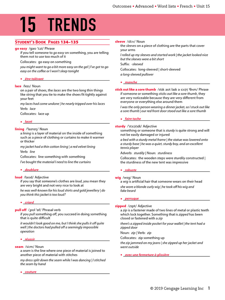 Outcomes - Advanced - Word Lists - French - U15 | PDF | Adjective | Adverb