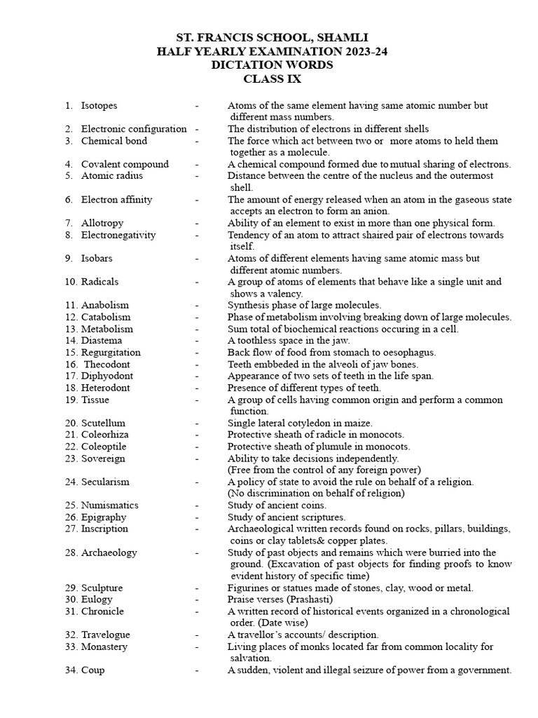 CLASS 9 Dictation words | PDF | Atoms | Covalent Bond