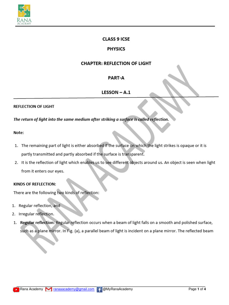 Class 9 Icse - Physics-Reflection of Light-Part A - Lesson A.1 | PDF ...