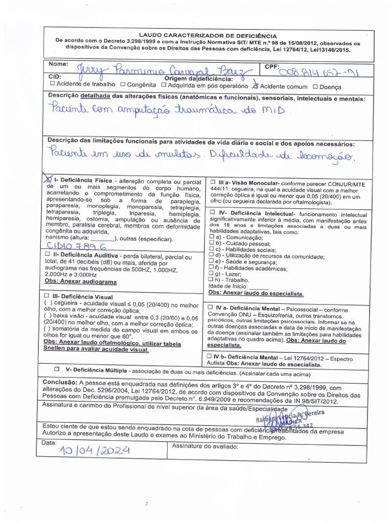 Dr. Adelar - Jerry Parminio Carvajal Baez - Laudo PCD | PDF