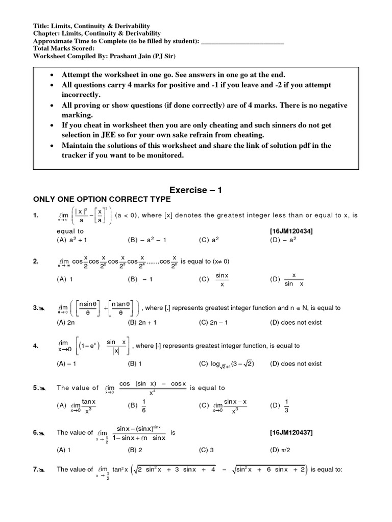 Worksheet 56LimitsContinuityDerivabilityviii1 | PDF | Equations | Mathematical Objects