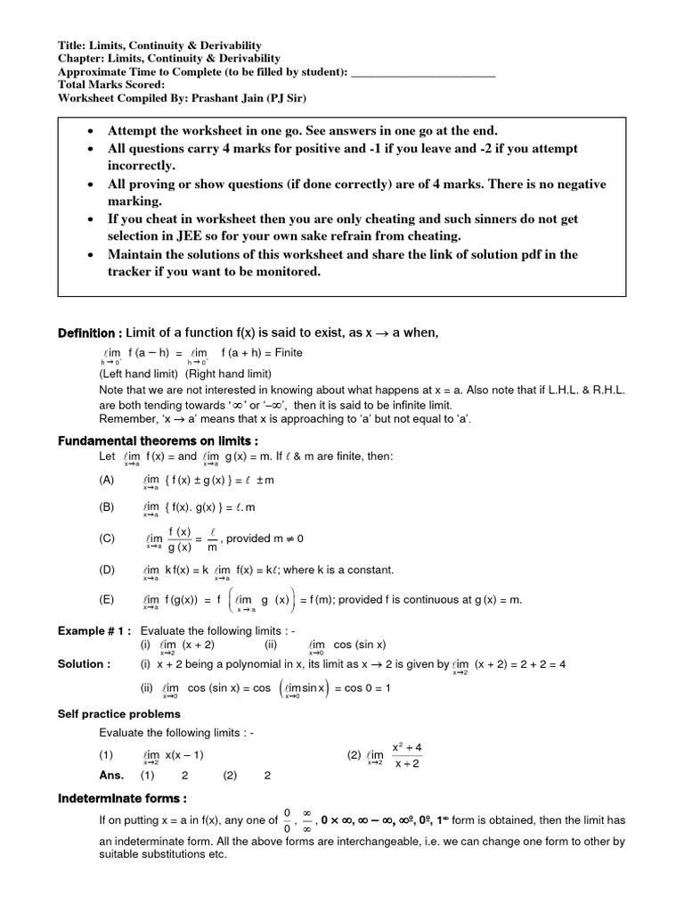 Worksheet 49LimitsContinuityDerivabilityi | PDF | Function (Mathematics ...