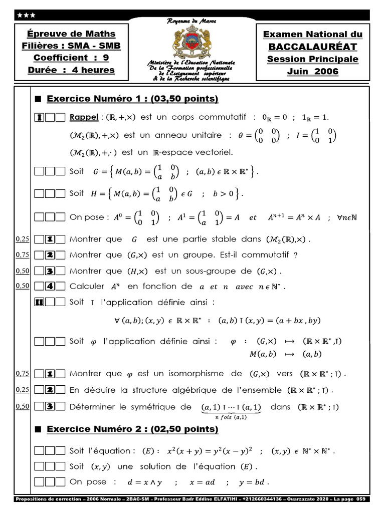 Correction Examen Maths 2BAC 2006 | PDF | Mathématiques | Analyse ...