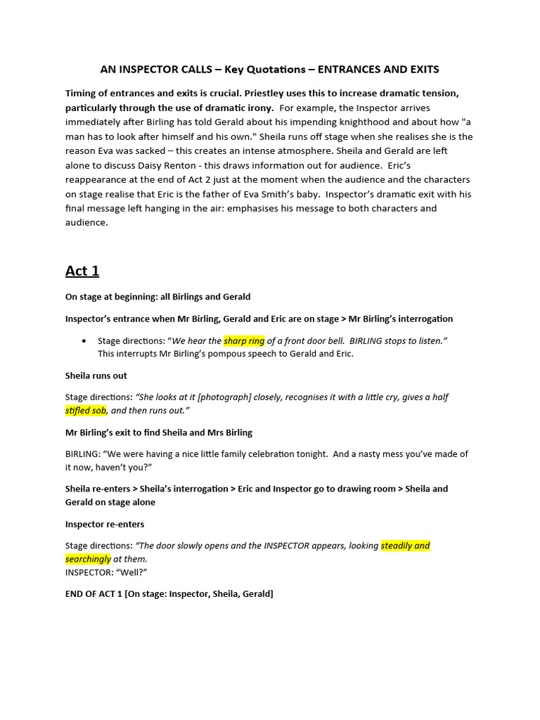 Key Entrances & Exits in "An Inspector Calls" | PDF