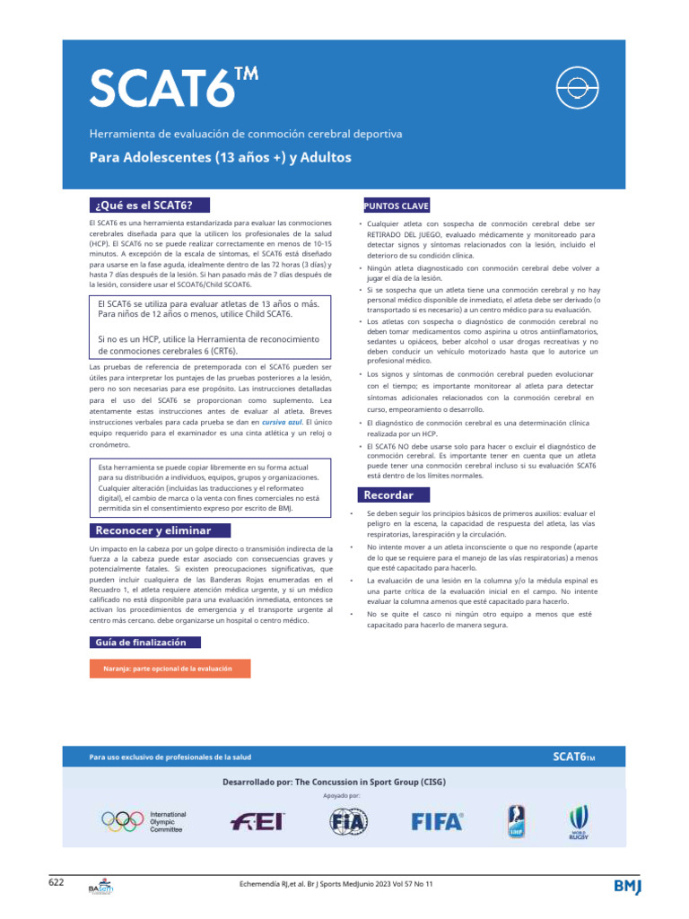 SCAT6: Evaluación de Conmociones Cerebrales | PDF | Diagnostico medico ...