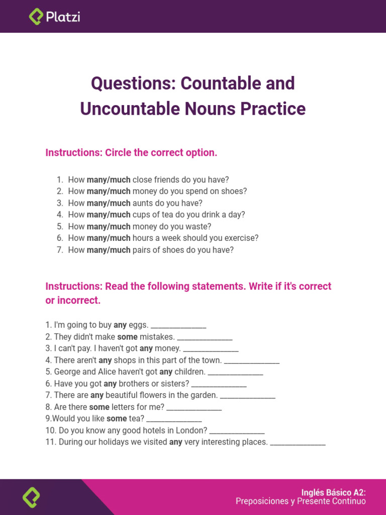 Questions - Countable and Uncountable Nouns Practice Docx | PDF ...