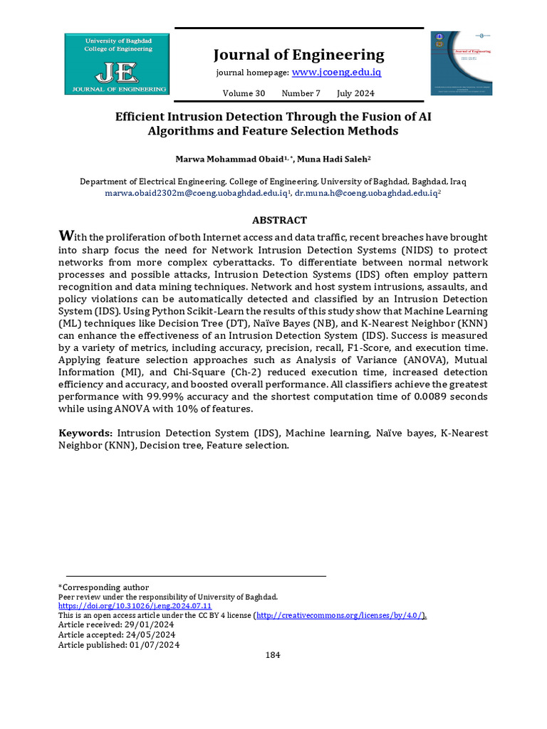 Journal of Engineering: Efficient Intrusion Detection Through The Fusion of AI Algorithms and ...