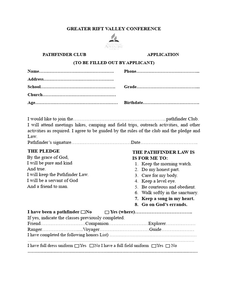 GREATER RIFT VALLEY CONFERENCE Pathfinder Form | PDF | Cooking, Food ...