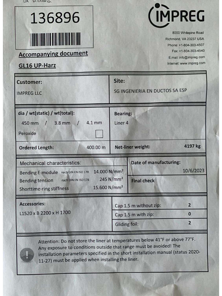 Tubería CIPP GL16 UP-Harz 18 Pulg | PDF
