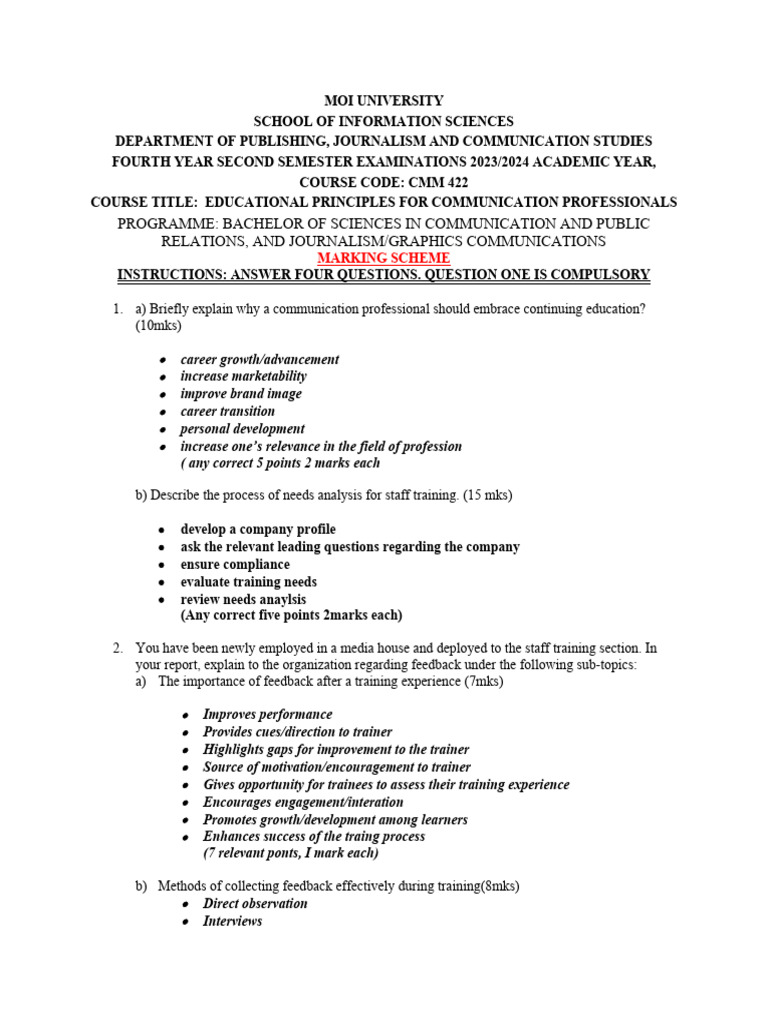 CMM 422 EXAM- MARKING SCHEME | PDF | Learning | Cognitive Science