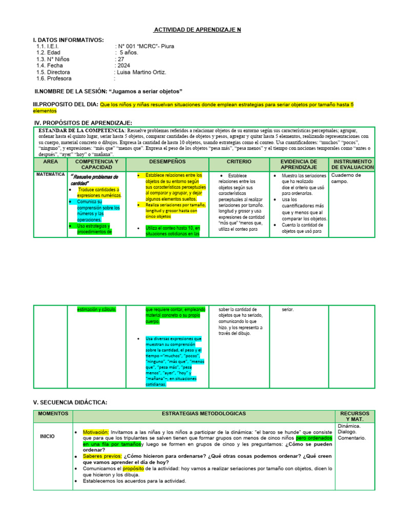 ACTIVIDAD DE APRENDIZAJE MATEMATICA. 5 años | Descargar gratis PDF | Cognición | Aprendizaje