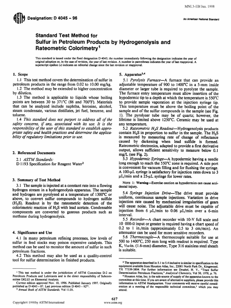 Standard Test Methid For Sulfur in Petroleum Products by Hydrogenolysis ...