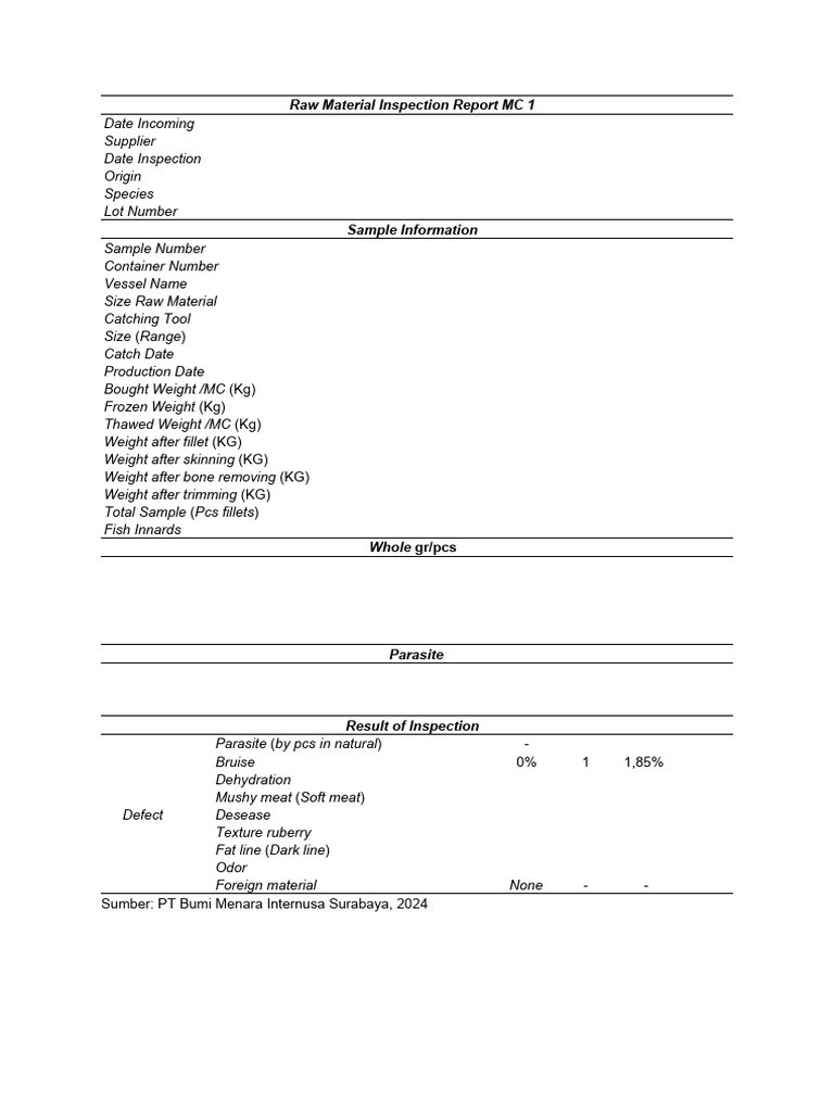 Raw Material Inspection Report MC 1 | PDF