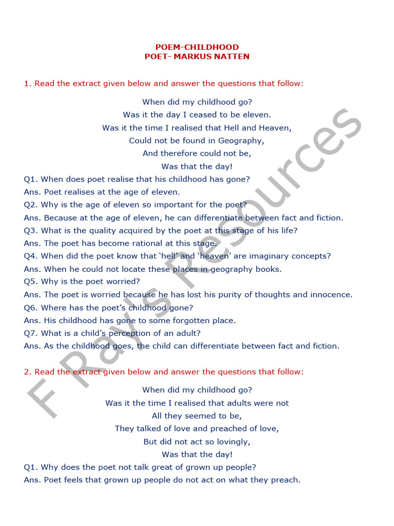 11 Poem Childhood Extract Based Short Qa | PDF | Love | Thought