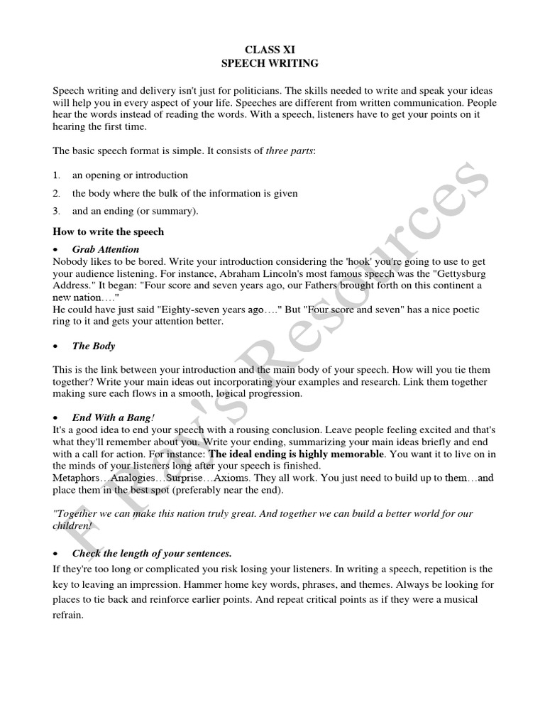Class Xi English Speech Writing Worksheet 28 | PDF | Luck
