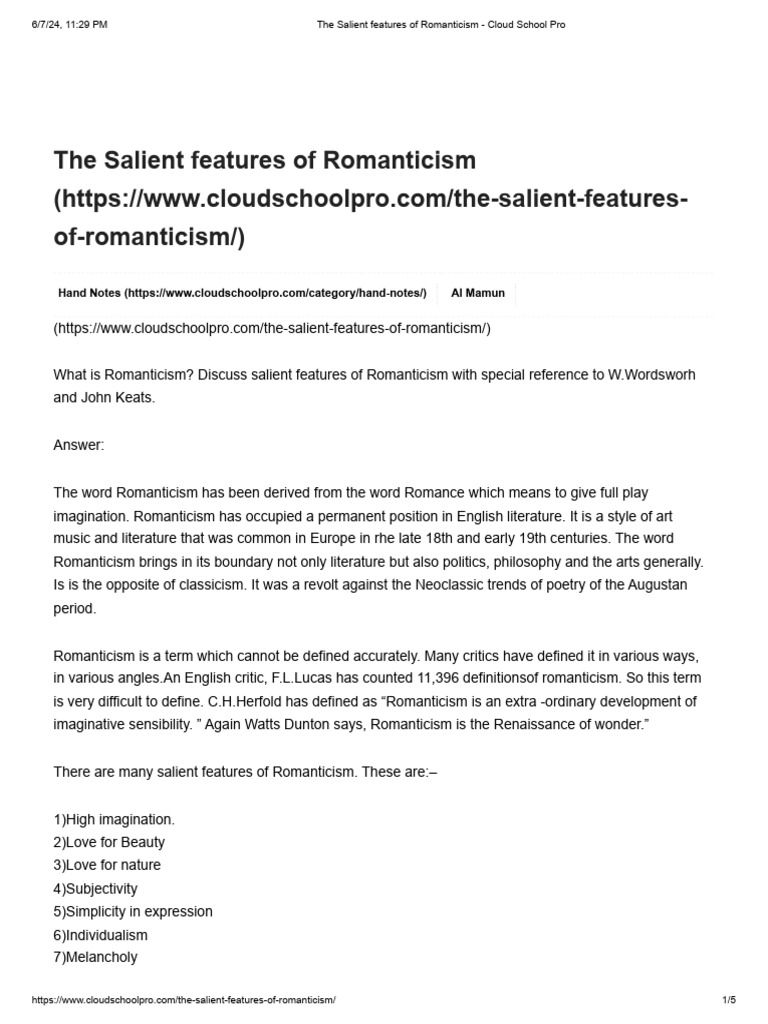 The Salient Features of Romanticism - Cloud School Pro | PDF | Romanticism | Poetry