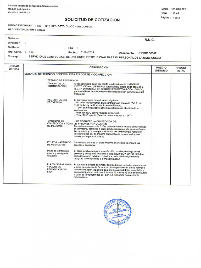 Modelo de TDR Servicio de Confección | PDF
