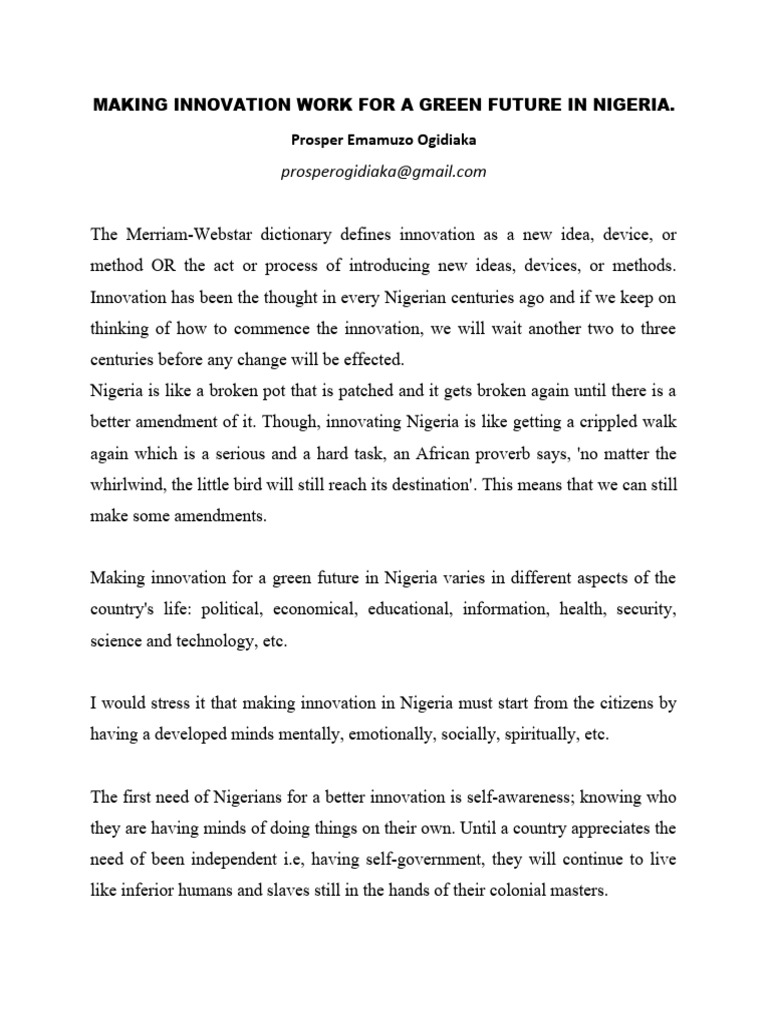 Making Innovation Work For A Green Future in Nigeria by Prosper Emamuzo Ogidiaka | PDF | Nigeria ...