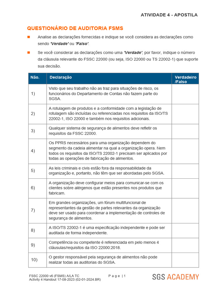 A4 - FSMS Audit Questionnaire - Handout - 17!08!2023 - BR | PDF | ISO 9000