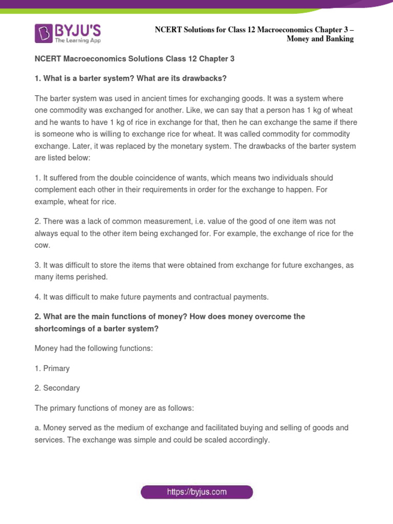 Ncert Solutions For Class 12 Macroeconomics Chapter 3 Money and Banking | PDF | Money Supply | Money