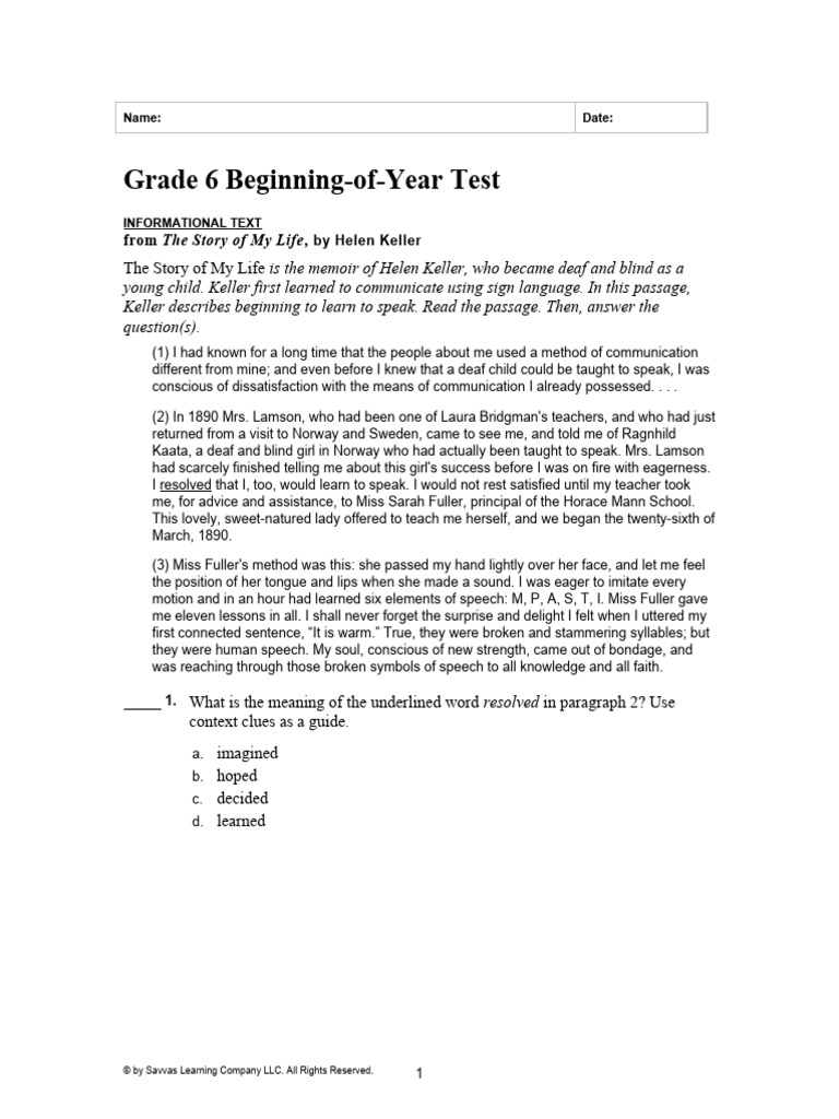 Lit17 Ev g06 Boy Test | PDF | Helen Keller | Linguistics