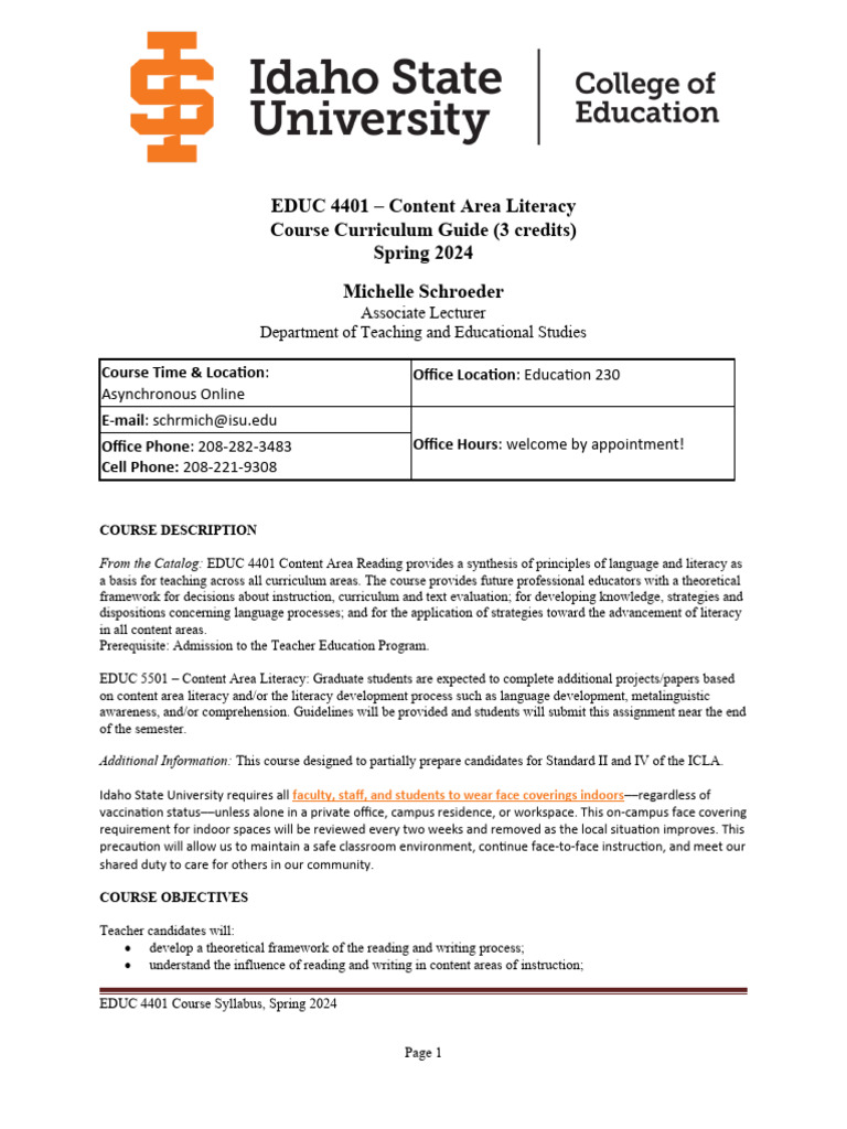 EDUC 4401 Content Area Literacy Syllabus | PDF | Reading Comprehension ...