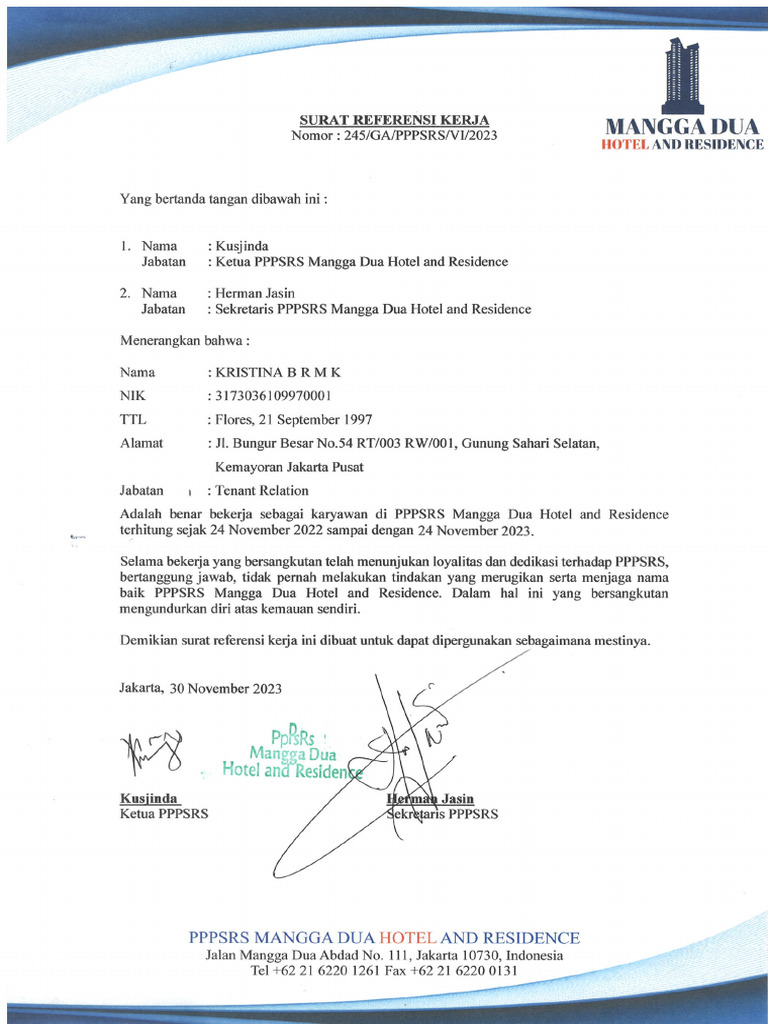 Surat Refernsi Kerja Kristina | PDF